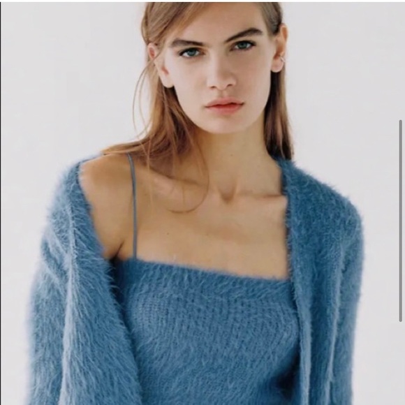 Zara | Tops | Nwt Zara Soft Touch Blue Fuzzy Spaghetti Strap Crop Top ...